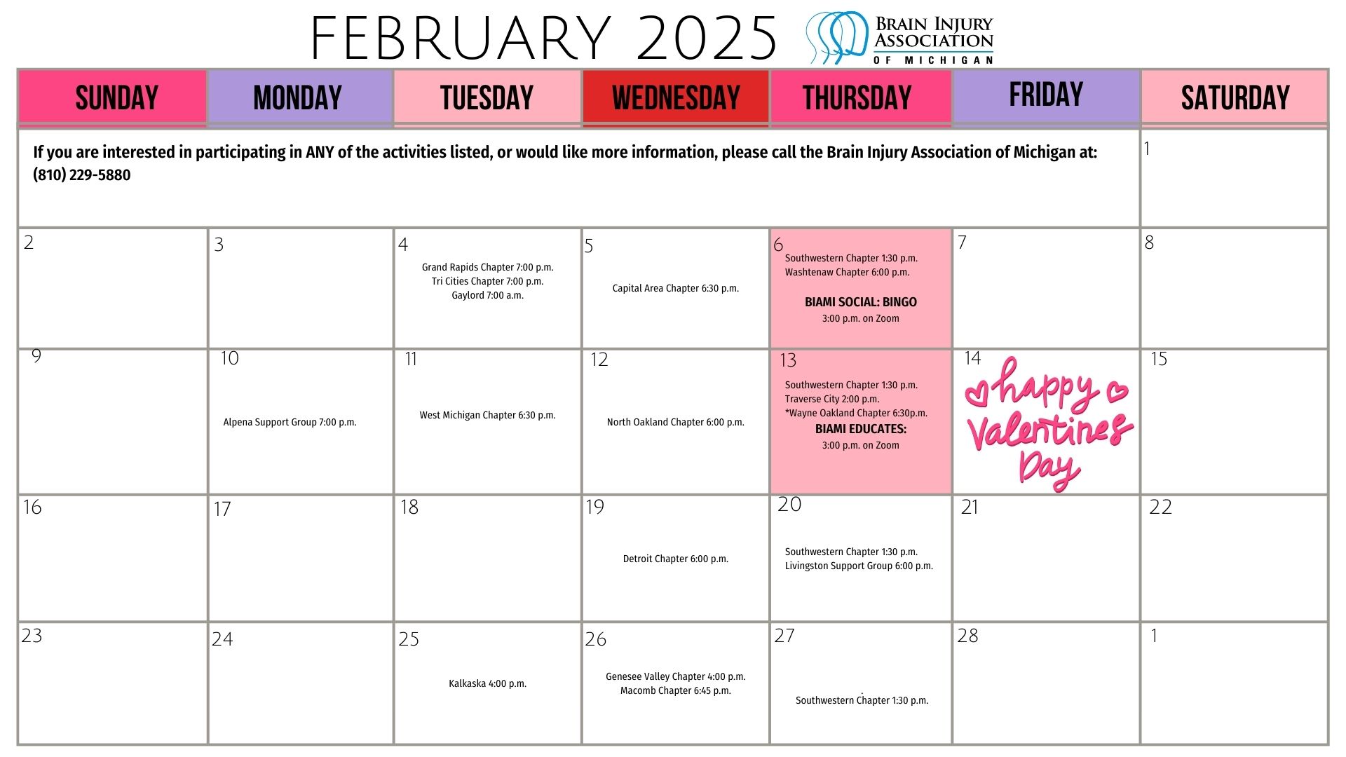 This Month's Calendar - Brain Injury Association of MI